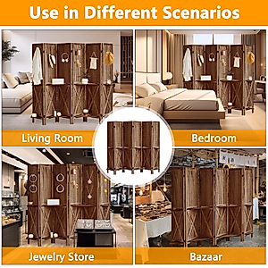 ALeesing 6 Panel Pegboard Display with 24 Hooks, Wooden Pegboard Room Divider Wall with Shelf, Rustic Room Dividers and Folding Privacy Screens, Bedroom, Jewelry Store, Brown