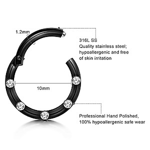 LAURITAMI 16G Stainless Steel Septum Clicker Piercing Jewelry, 6Pcs Set, Black