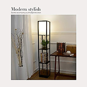 ELECWISH Shelf Floor Lamp Black Standing Lamps with White Shade and Solid Wood Frame, Without Led Bulbs
