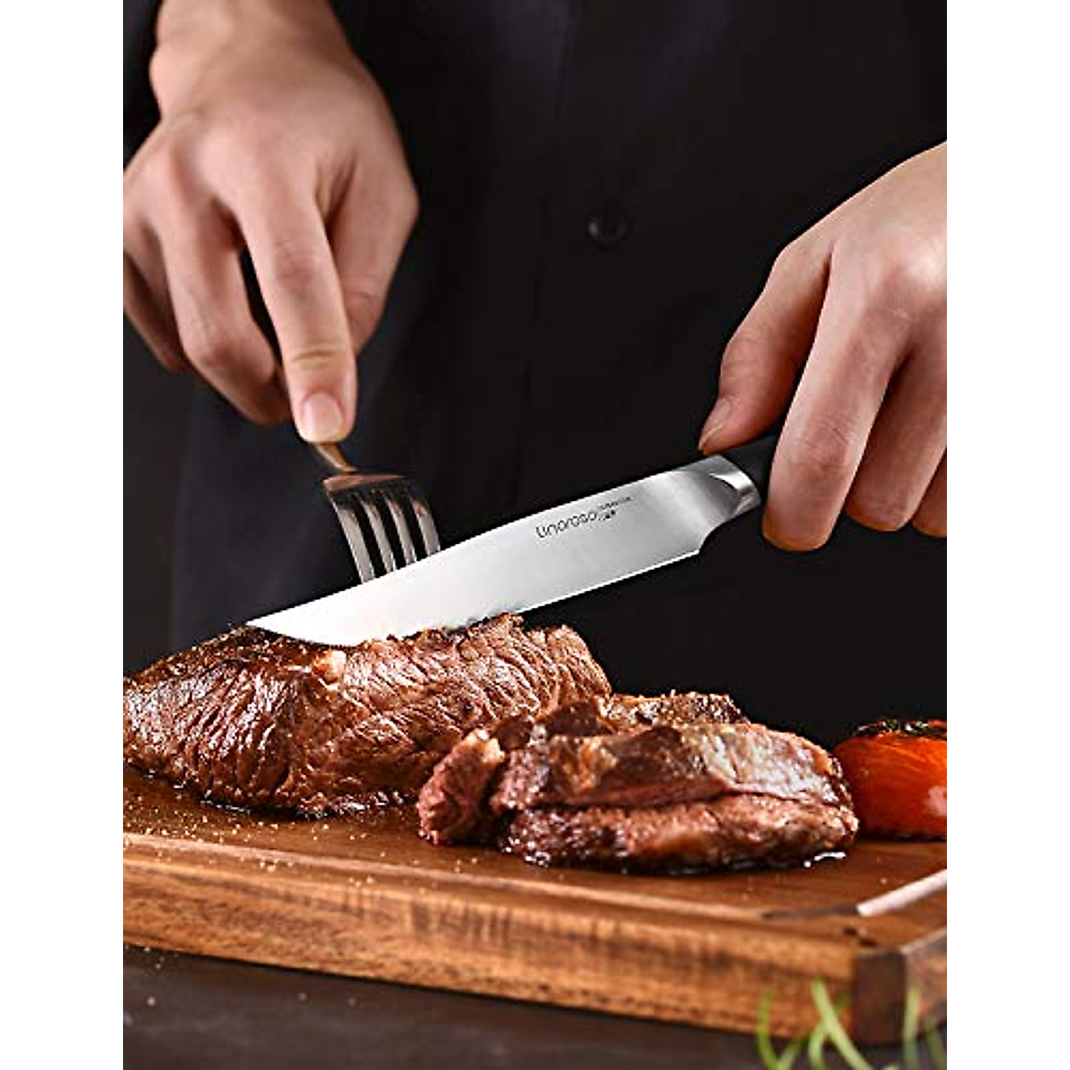 Linoroso Steak Knives, Semi Serrated Steak Knife Set of 4, Sharp Forged German Stainless Steel Steak Knives Set with Exquisite Beech Wood Block, Full Tang, Ergonomic Handle- MAKO Series