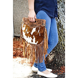 bonanza leathers women's cowhide handbag crossbody shoulder leather bag with fringes button closure H8 (Brown)