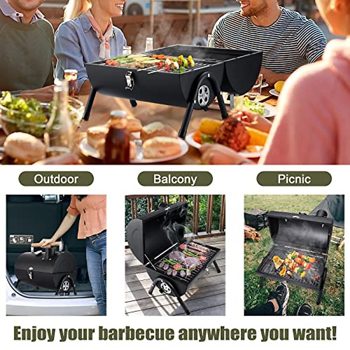 Portable Charcoal Grill, HaSteeL Small Folding Outdoor Grill, Mini Black Barbecue Grill with Thermometer, Compact Tabletop BBQ Grill for Camping Picnic Backyard Patio, 116 Square Inches & Screwdriver