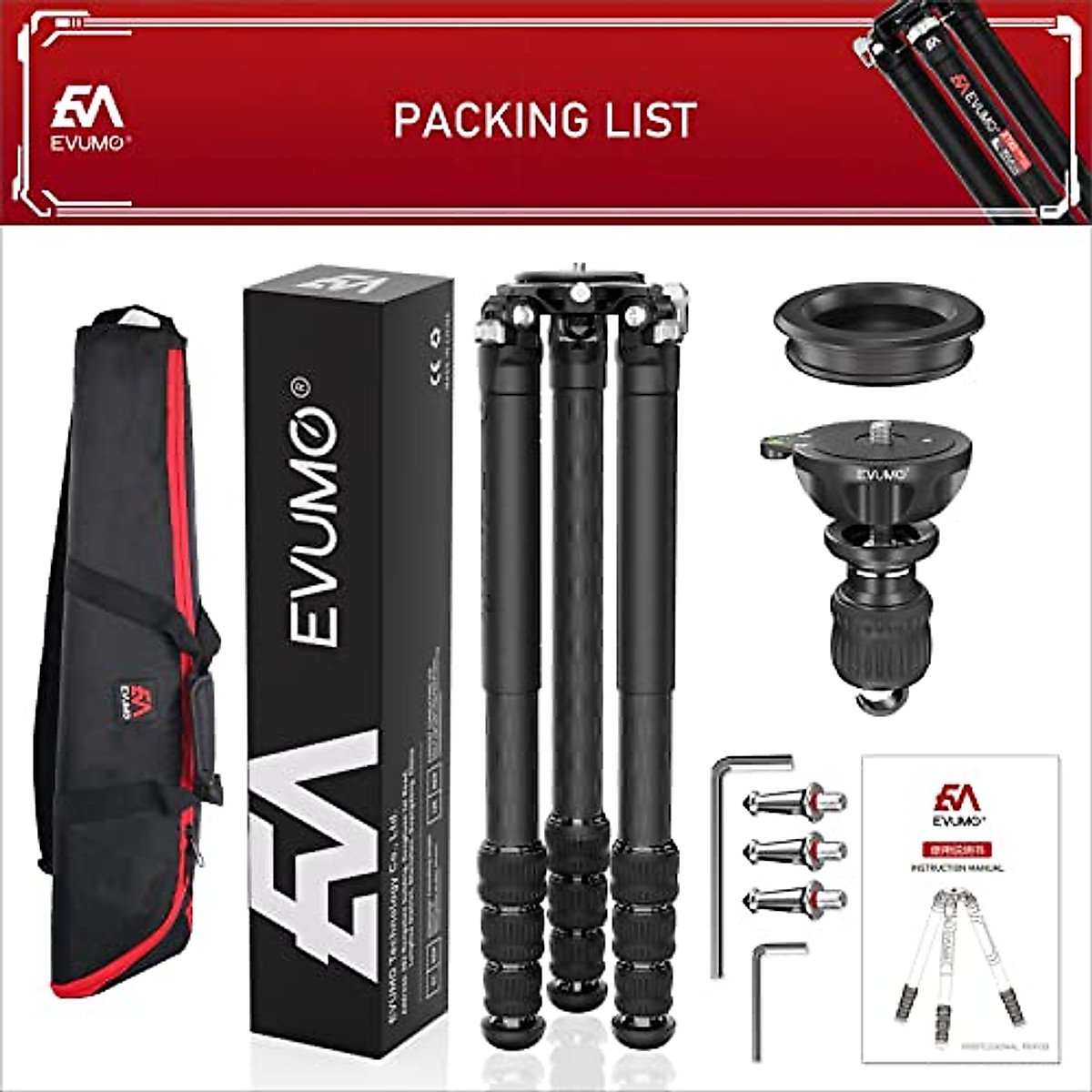 64.9'' Professional Heavy Duty Bowl Carbon Fiber Tripod, EVUMO 10-Layer Carbon Fibre Tube Camera Video Tripod for DSLR Digital Camcorder, with 40mm Leg & 75mm Bowl Adapter, Max Load 88lbs/40kg