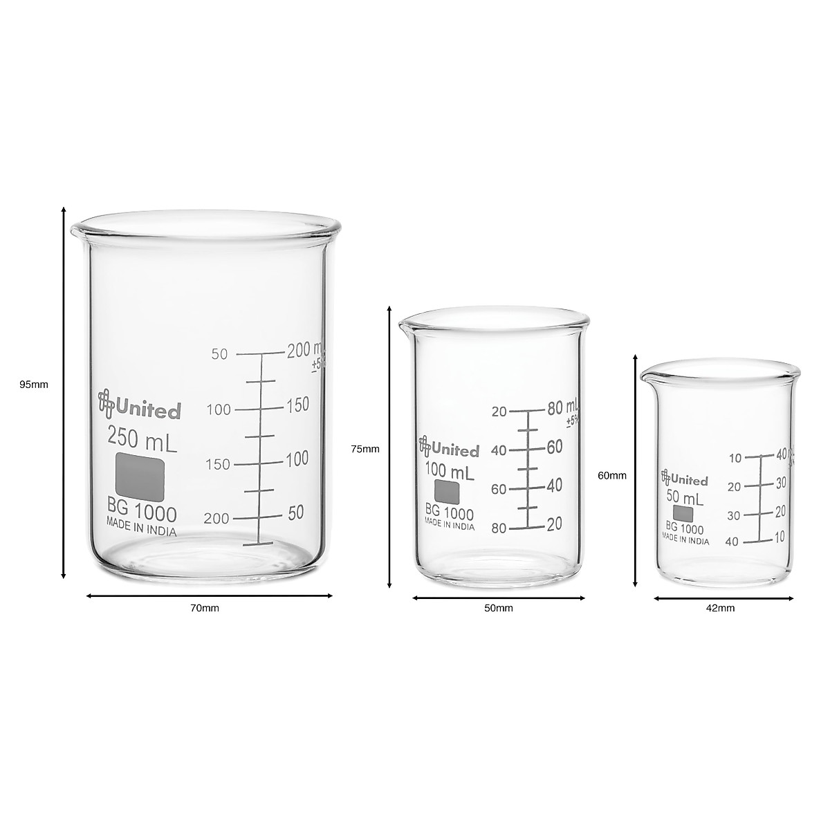 United Scientific™ Advanced Glassware Set of 9, Beakers 50ml, 100ml, 250ml, Class A Cylinder 10ml, 50ml & 100ml & Erlenmeyer Flasks 50ml, 100ml & 250ml