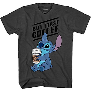 Disney Lilo and Stitch Coffee First Adult T-Shirt(LG, Heather Charcoal)