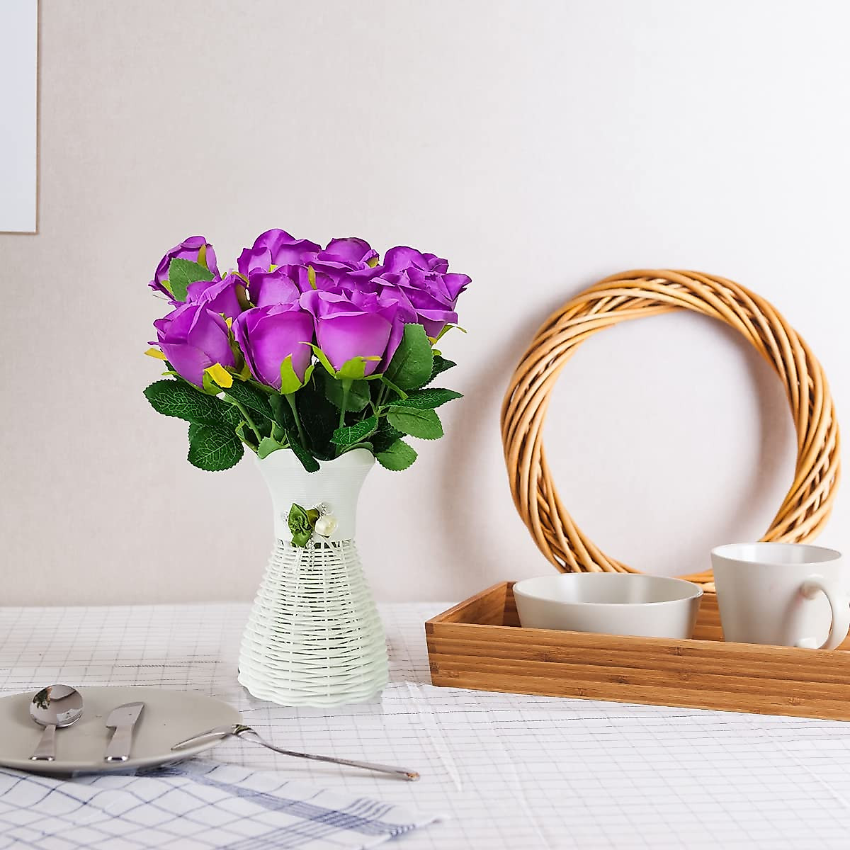 Daggnol Artificial Purple Rose Flowers Silk Rose Realistic Fake Rose with Stem Rose Bouquet for Wedding Bridal Party Home Garden Decor (12PCS Purple)