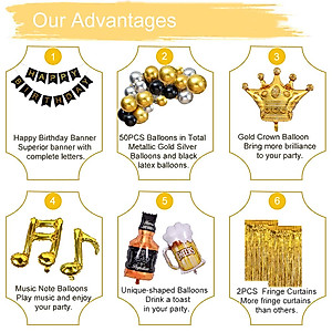 Black and Gold Birthday Party Decorations for Men, Happy Birthday Balloons for Him with Banner, Foil Balloons, Fringe Curtains, Crown, Beer Balloons for 18th 30th 40th 50th 60th 70th
