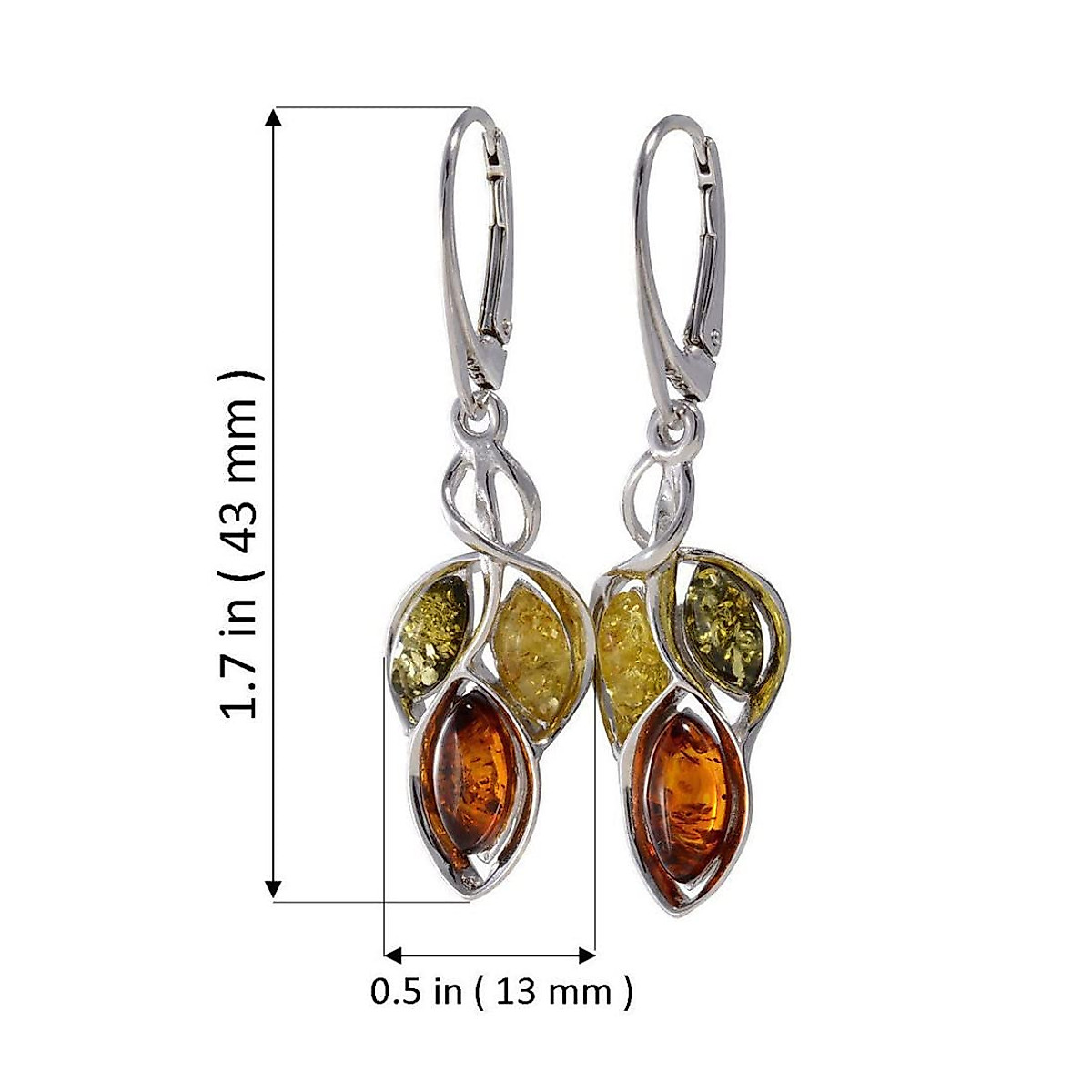 Amber Earrings - GIA Certified Baltic Multicolored Amber Dangling Earrings "April" - Sterling Silver Jewelry Collection