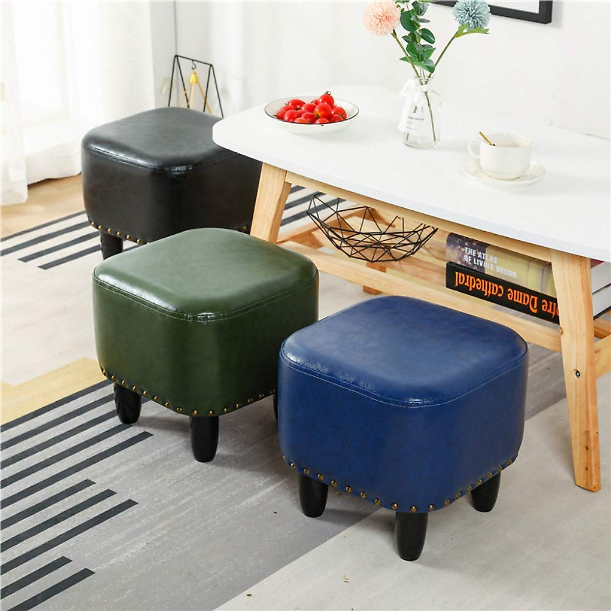 RILOOP Pu Leather Footstool Footrest Foot Stool Ottoman Pouffe Padded Square Seat Chair with 4 Legs Wooden/Green