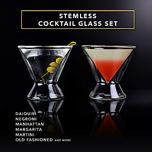 Dragon Glassware Stemless Martini Glasses - 7oz Clear Martini Glasses Set of 2 - Double Wall Insulated Cocktail Glass Set - Unique and Fun Gift for Espresso Martini Lovers