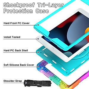 LTROP Case for iPad 9th/ 8th/ 7th Generation (2021/2020/2019), Shockproof 10.2” iPad Cover with Shoulder Strap Pen Holder Swivel Stand, Aqua Teal