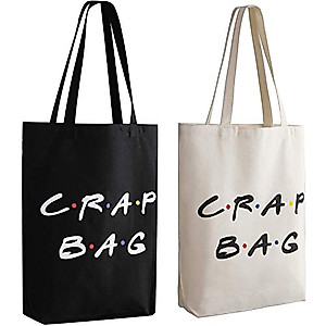 Friends Show Crap Bag, 2 Pack Large Canvas Reusable Grocery Tote Bags White and Black Craft Canvas Bag