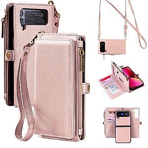 MInCYB Samsung Galaxy Z Flip 4 Case, Z Flip 4 Wallet Case for Women Men Zipper Purse, Detachable Magnetic Phone Cover with RFID Blocking, Leather Wallet for Z Flip 4. Pink
