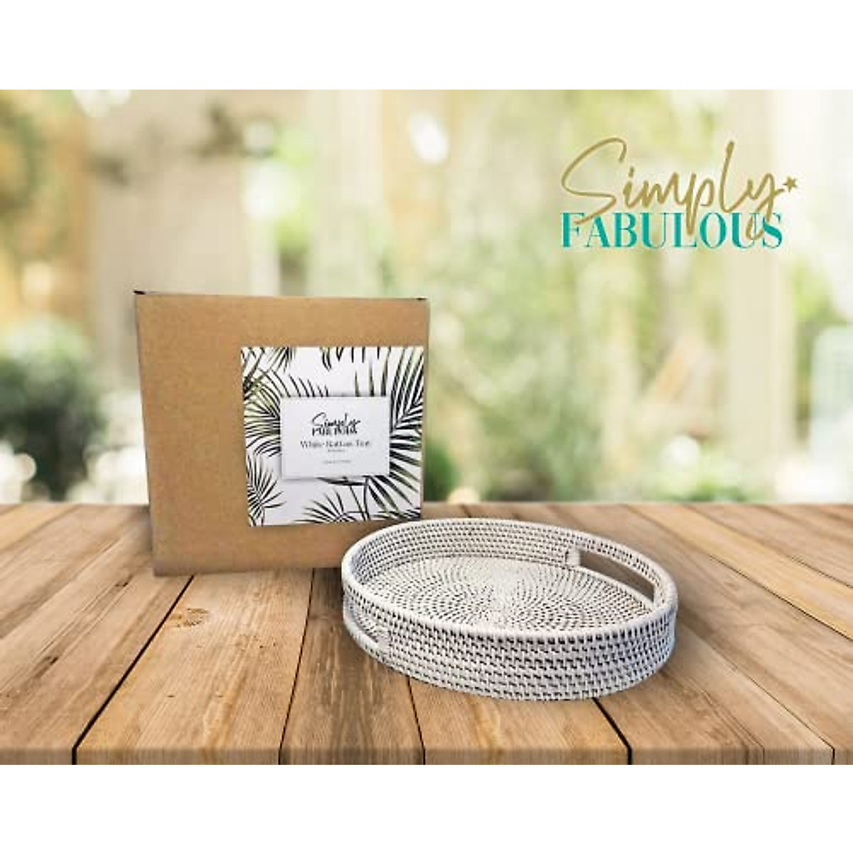 SIMPLY FABULOUS White Round Rattan Serving Tray, 10.6 inch, Strong, Durable Versatile for The Ottoman or a Table