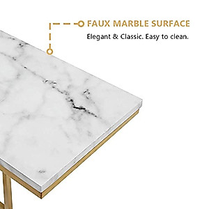 ROSEN GARDEN C-Shape Side End Table, Faux Marble Tray Snack Table with Metal Frame, Laptop Coffee Holder, Modern Furniture (Gold,1pcs)