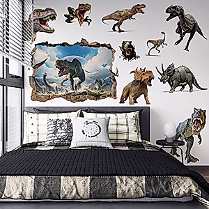 3D Dinosaur Wall Stickers Removable Vinyl Large Dino Stickers 10Pcs Peel and Stick Dinosaur Wall Decals for Kids Nursery Bedroom Home Decoration