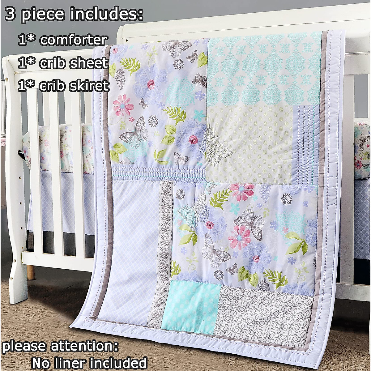 Brandream Baby Girl Purple Butterfly Crib Bedding Set Sweet Nursery Bedding 3 Piece Farmhouse Comforter Set,Fitted Sheet, Crib Skirt