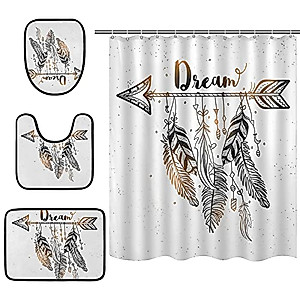 Oyihfvs Boho Ethnic Arrow and Beautiful Feathers Dream Cather 4 Pcs Shower Curtain with Matching Doormat Sets, Bath Curtain with Rugs(Bath Mat, U Shape Mat, Toilet Lid Cover Mat) with Hooks