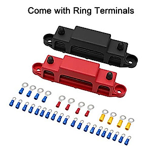 Mofeez Bus Bar -3x1/4”Post,10x#8 Screw Terminal Power Distribution Block with Ring Terminals(Pair - Red & Black)