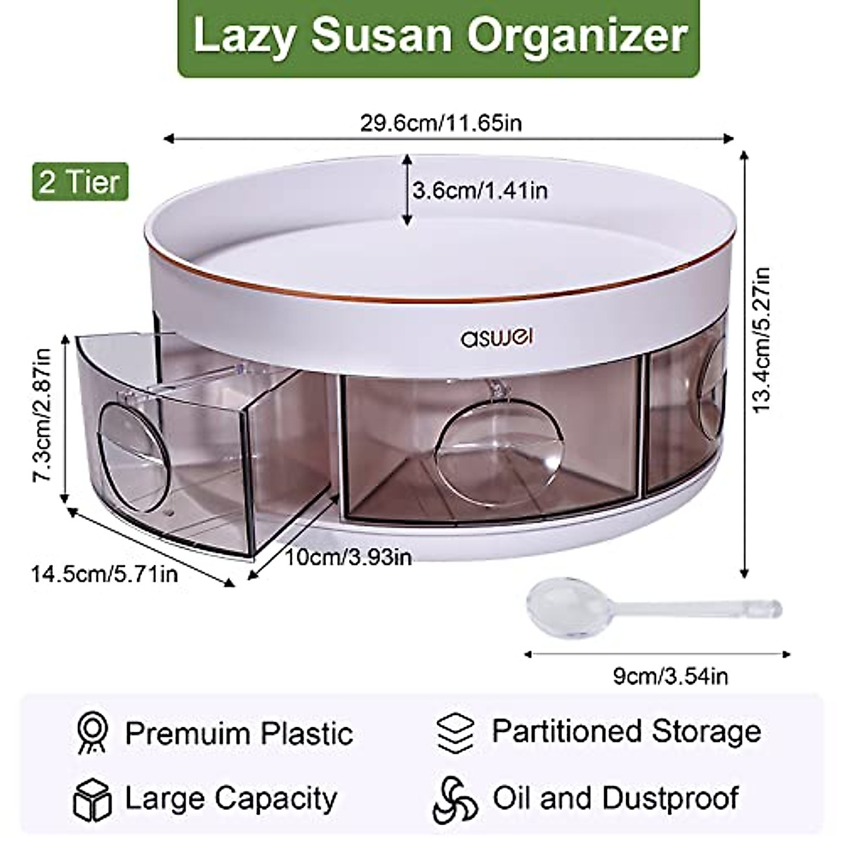 2 Tier Lazy Susan Organizer with 6 Divided Bins, 360 Degree Rotating Lazy Susan Turntable for Cabinet, Plastic Kitchen Spice Organizer Condiment Organizer, Perfume Organizer for Pantry Bathroom