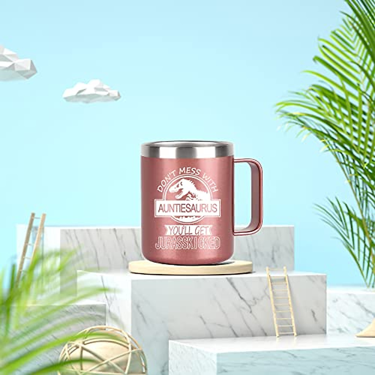 Auntiesaurus Cup Don't Mess with Auntiesaurus You'll Get Jurasskicked Stainless Steel Insulated Mug Birthday Mothers Day Gifts for Auntie Aunt from Nephew Niece Auntie Gifts 12OZ Rose Gold
