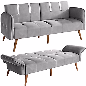 Meilocar Futon Sofa Bed Velvet, 70" Loveseat Futon Couch Sofa Bed with Adjustable Armrests, Reliner Guest Bed Daybed for Bedroom, Living Room, Light Grey