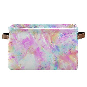 AGONA Large Foldable Storage Bin Colorful Tie Dye Print Storage Bins Collapsible Decorative Fabric Storage Baskets with Leather Handles for Home Closet Bedroom Organizer Nursery 1 Pack