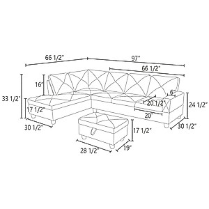 NOTOP 3-Piece Faux Leather Sectional Sofas, Button Tufted Upholstered Couch Set with Left Chaise Longue and Storage Ottoman, for Living Room, Home, Office, Red