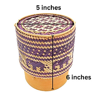Bamboo Sticky Rice Serving Basket 5x6 Inch, Kratip, Intricately Woven Container, Round Shaped, Elephant Weave Pattern, Thailand Handmade, Dyed with Natural Based (Purple)