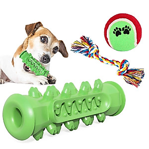 Dog Chew Toy Set for Aggressive Chewers (3 Pack) - Tooth Brushing Teething Toy - Tennis Ball - Dog Rope - Dental Care Textured Toothbrush - Interactive Chew Toy