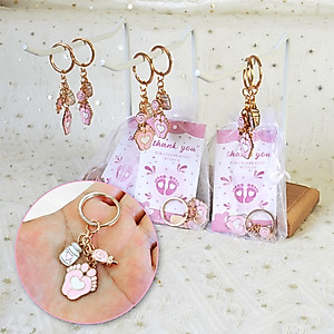 BUYWUMORE 12 Sets Baby Shower Favors Pink Footprint Keychains Gifts with Bottle Lollipop White Organza Bags and Thank You Tags for It's a Girl Decorations Baby Shower Party Supplies (PINK)
