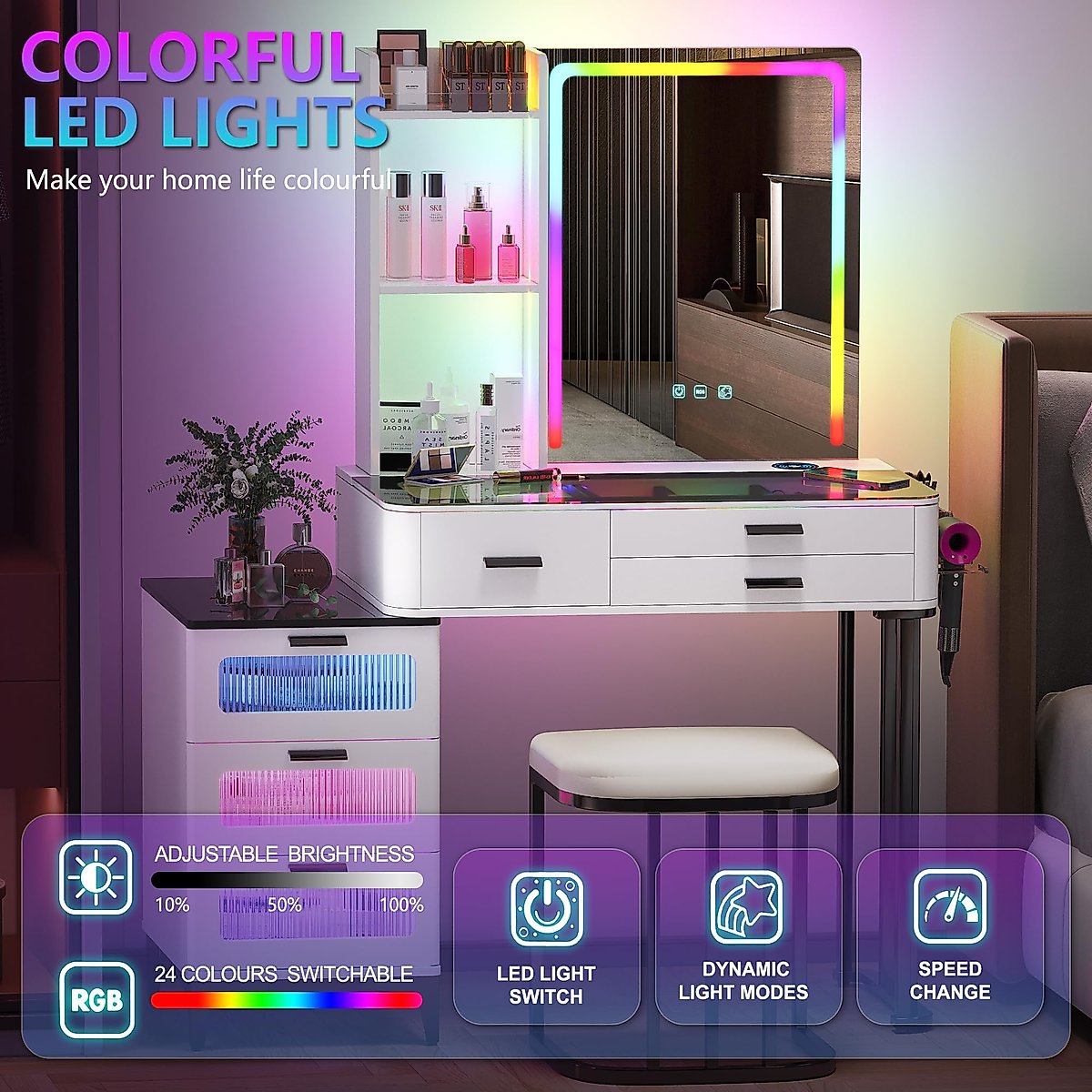 Gurexl RGB Makeup Vanity Desk with Wireless Charging Station,7 Dynamic and 7 Static Dimmable Vanity Table with Visible Glass Top, Dream Make up Vanity with Mirror and Lights, Stool, 6 Drawers