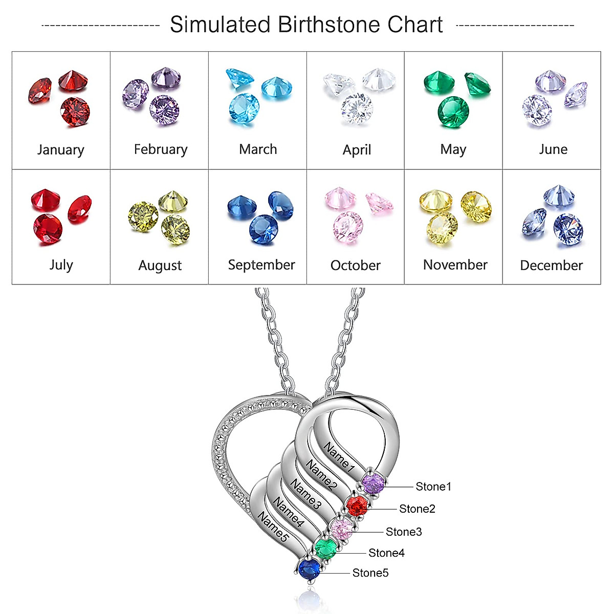 Jeweidea Personalized Heart Necklace with 2-6 Simulated Birthstones Custom Name Mother Daughter Chain Pendant for Women Mom Birthday (5 Names)