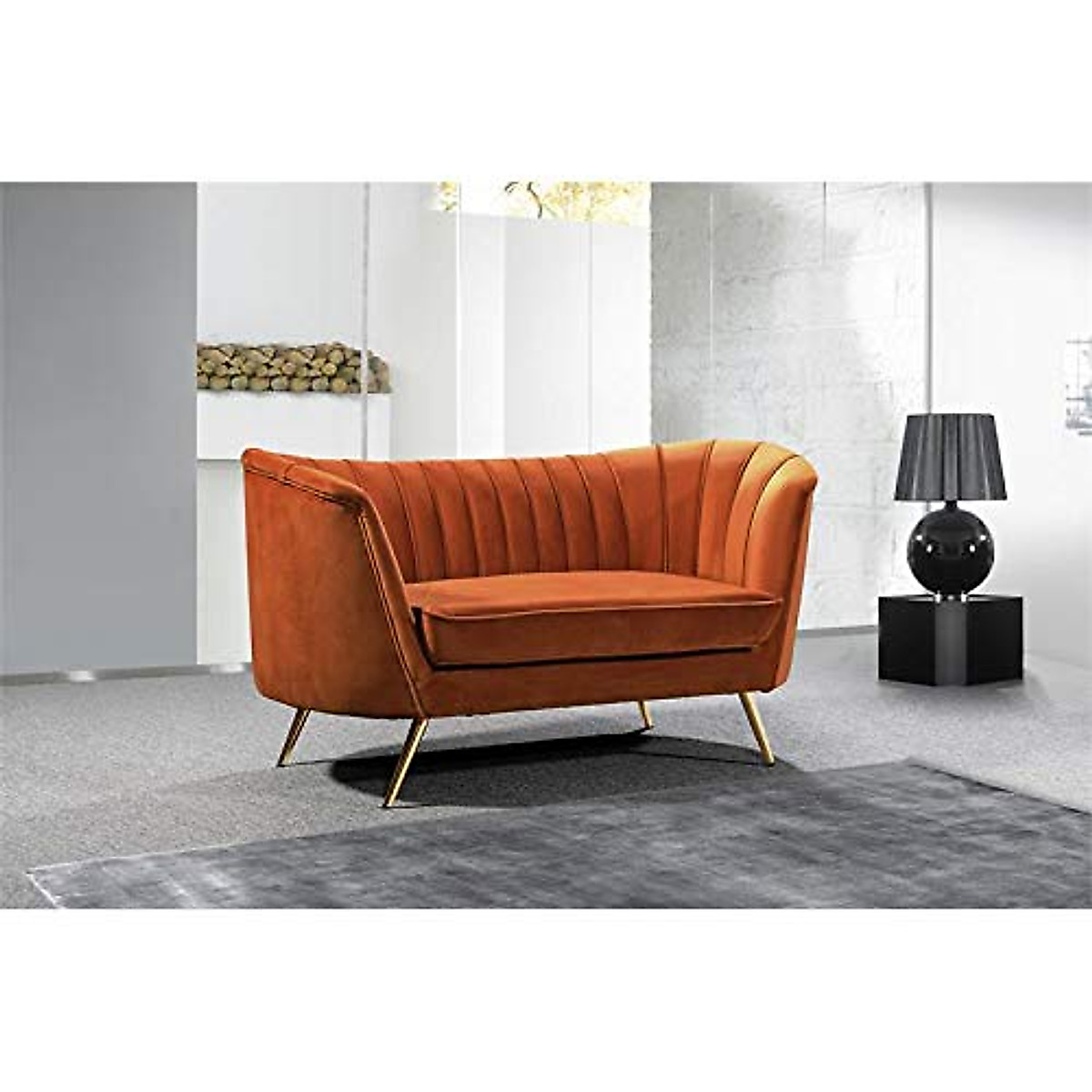 Meridian Furniture Margo Collection Modern | Contemporary Velvet Upholstered Loveseat with Deep Channel Tufting and Rich Gold Stainless Steel Legs, Cognac, 65" W x 30" D x 33" H