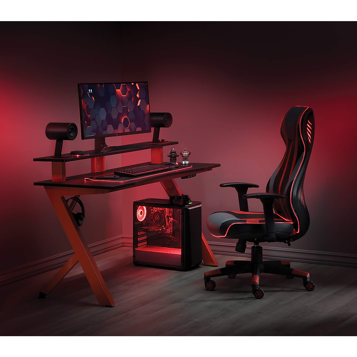 OSP Home Furnishings Area51 Battlestation Gaming Desk with Bluetooth RGB LED Lights, Red