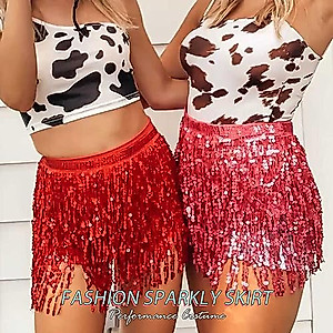 Victray Women Sparkle Sequin Skirt Belly Dance Mini Skirt Fringe Skirts Rave Hip Scarf Party Costume (Red)