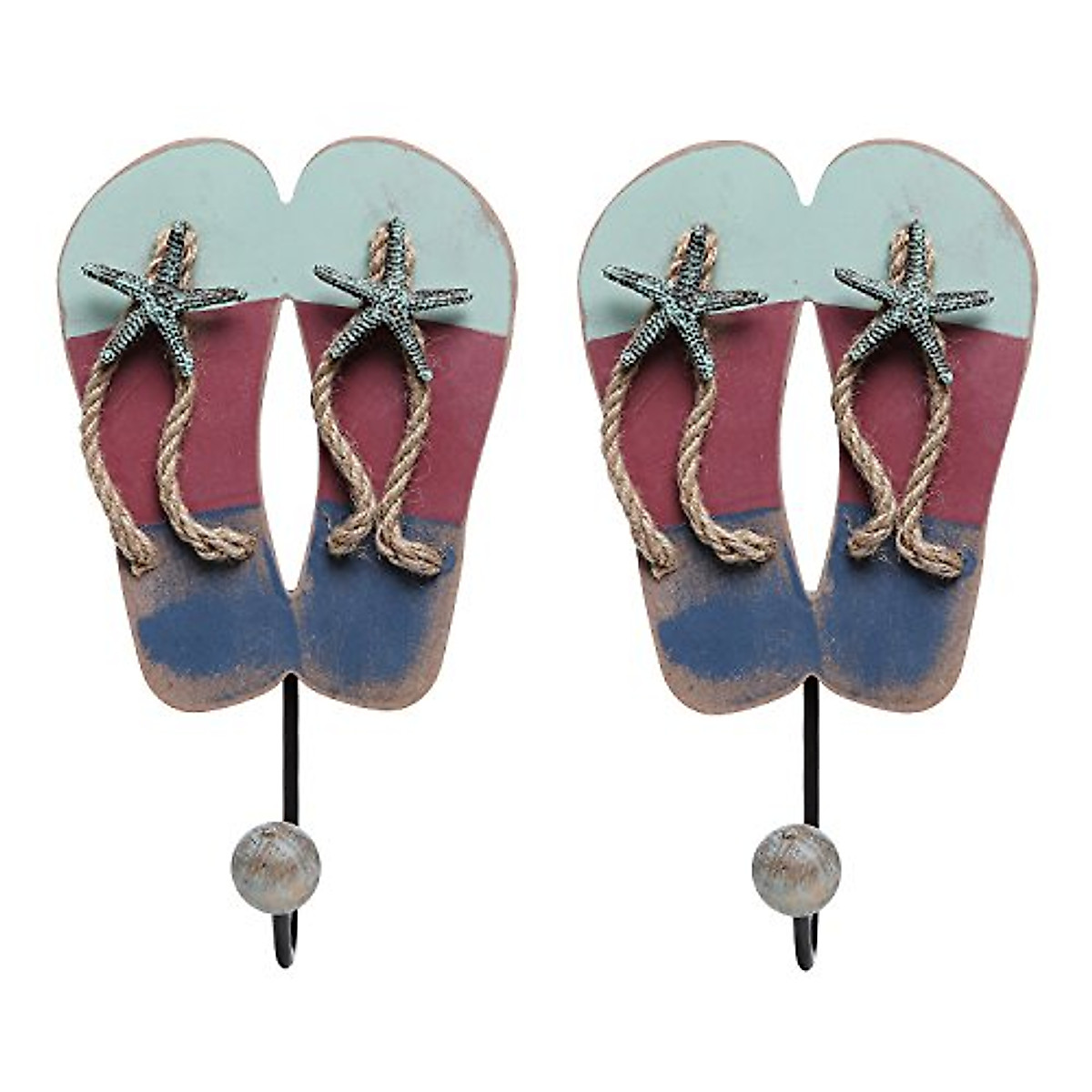 MyGift Nautical-Theme Flip Flop Sandal Entryway Wall-Hanging Single Ball Capped Storage Hook Coat, Coastal Starfish Bathroom Towel Rack Hangers, Set of 2