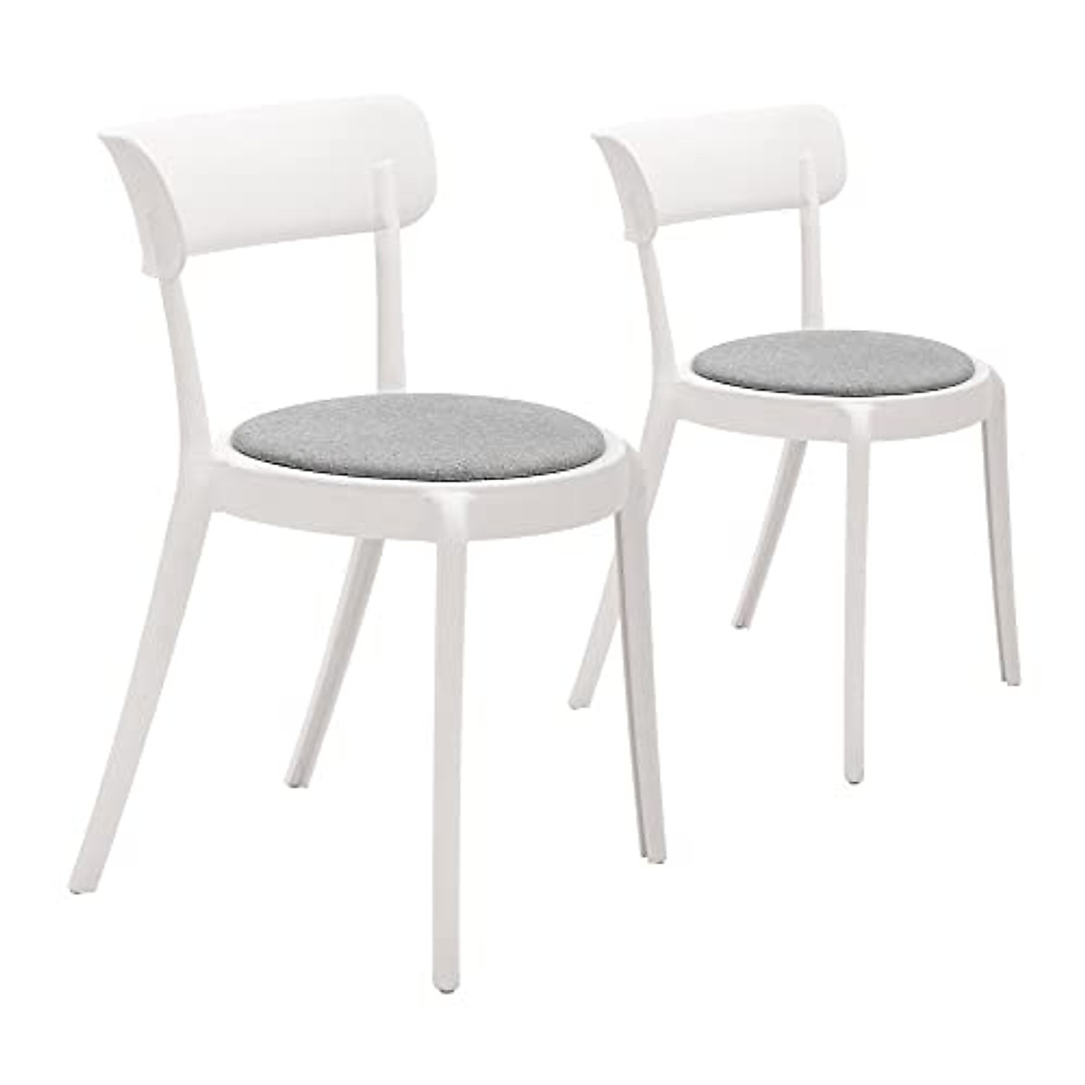CangLong Armless Bistro Dining Chair-Set of 2, Premium Plastic with Upholstered Seat, White + Grey