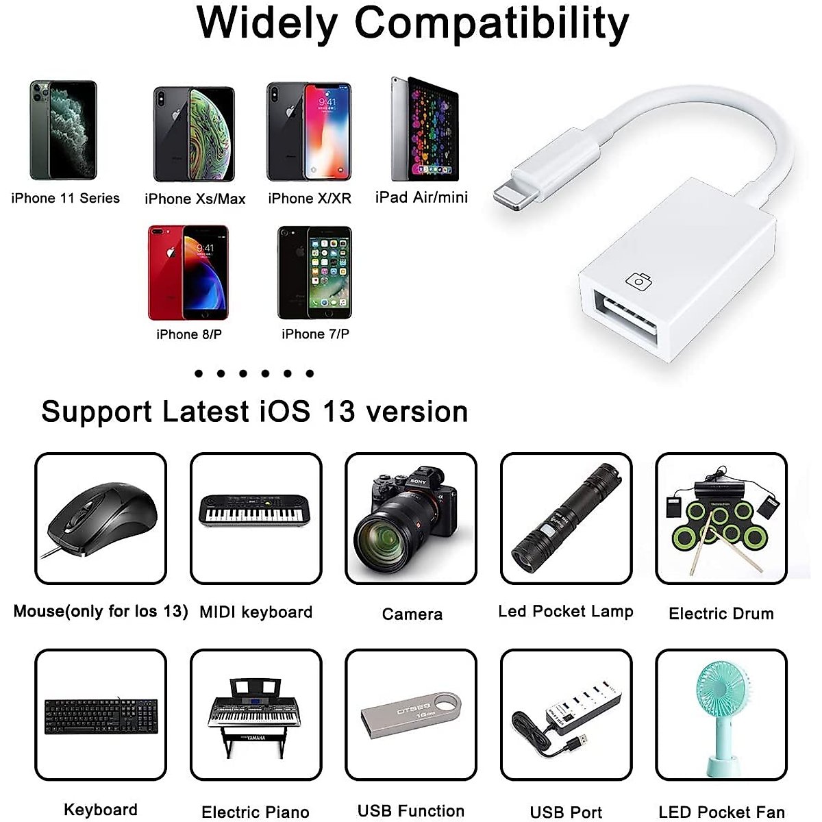 【Apple MFi Certified】 Lightning to USB Camera Adapter for iPhone/iPad, Female USB 3.0 OTG Cable Adapter Support Connect Camera,USB Flash Drive,Card Reader,MIDI Keyboard, Mouse