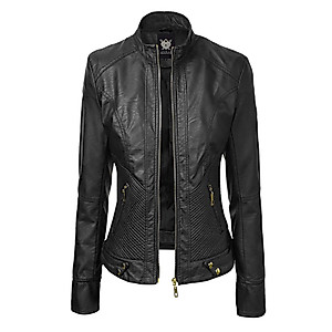 Lock and Love LL WJC747 Womens Dressy Vegan Leather Biker Jacket S BLACK