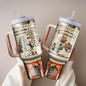 WAZONE Personalized Books and Cats Coffee Tumbler 40oz with Handle and Straw Custom Name Travel Coffee Mug Birthday Christmas Thanksgiving Gift For Librarians Cat Lovers Friends Women Girls