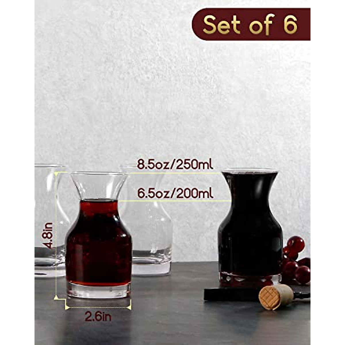NUTRIUPS Mini Carafe Mini Individual Wine Carafe Single Serving Glass Wine Carafes Set Glass Mini Carafe Decanters Small Individual Wine Decanter (Set of 6 8.5oz)