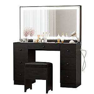 IRONCK Vanity Desk Set with LED Lighted Mirror & Power Outlet, 7 Drawers Makeup Vanities Dressing Table with Stool, for Bedroom, Black