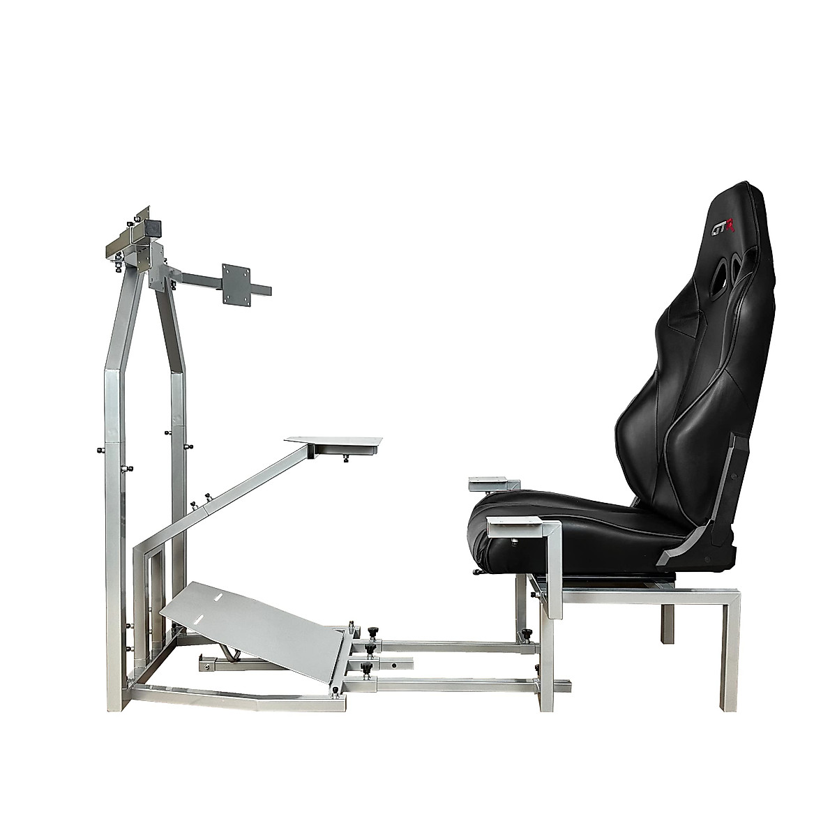 GTR Simulator CRJ Model Flight Simulator Silver Frame with Adjustable Majestic Black Leatherette Seat Flight Simulation Cockpit with Dual Control Mount and Triple | Single Monitor Stand