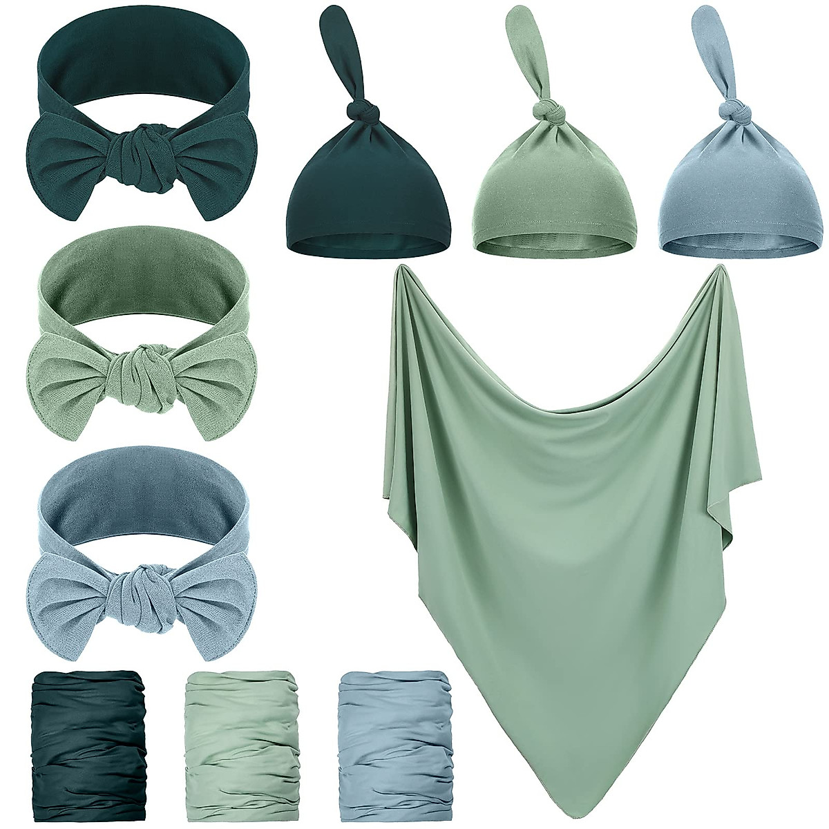 Tudomro 9 Pieces 3 Sets Newborn Swaddle Set with Hat Headband Cotton Baby Swaddle Blanket Newborn Swaddle Wrap Receiving Blanket for Baby Girl Boy, 31.5" x 31.5", Green, Dark Green, Blue