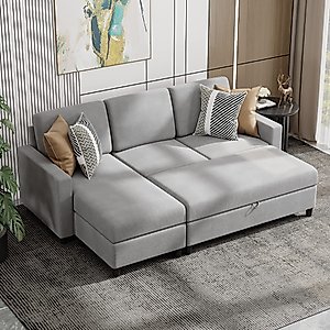 JAMFLY 79'' Sectional Sofa Couch with Storage Ottoman, Living Room Furniture Set Small Deep Convertible Sofa, L-Shaped Couch Wide Reversible Chaise with Linen Fabric (Grey)