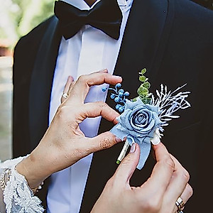 AJOYEGG Wrist Corsage and Boutonniere Set: Corsage Wristlet Band Bracelet Flower and Men Boutonniere Rose Flower Set for Wedding Prom Suit Decoration(Dusty Blue)