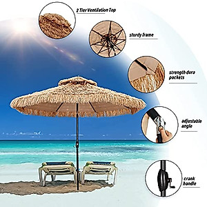 GDY 9 FT 32 LED Hula Thatched Tiki Umbrella, Hawaiian Style Beach Patio Umbrellas with Center Light for Patio Garden Beach Pool Backyard