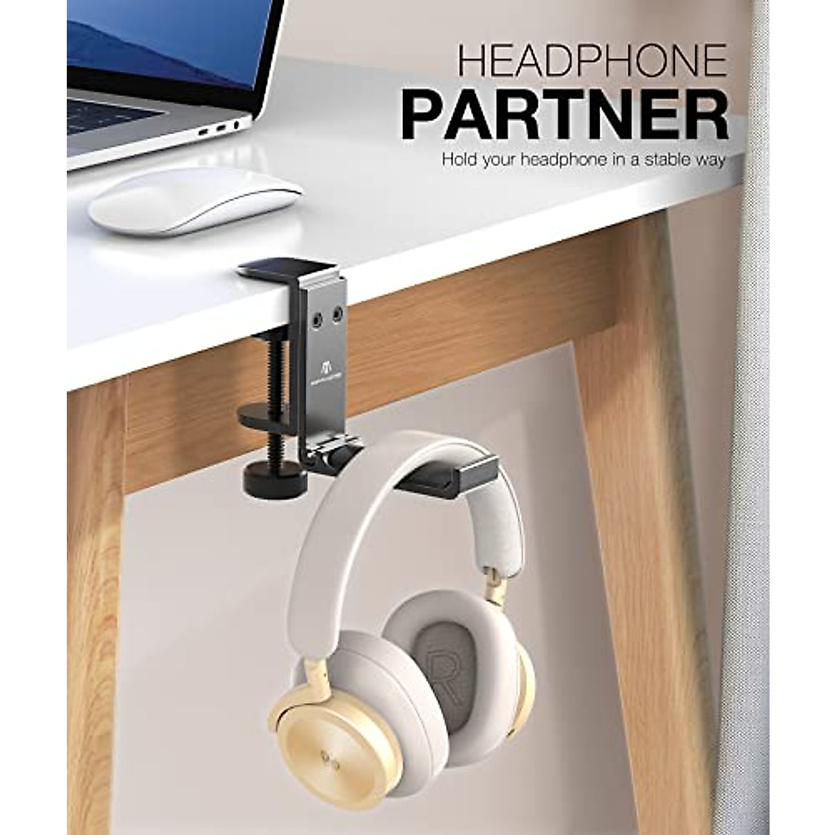 APPHOME Foldable Headphone Stand Hanger Holder, Space-Saving Aluminum Soundbar Stand with Universal Fit for Gaming PC Accessories, Under Desk Clamp Hook Mount, Black