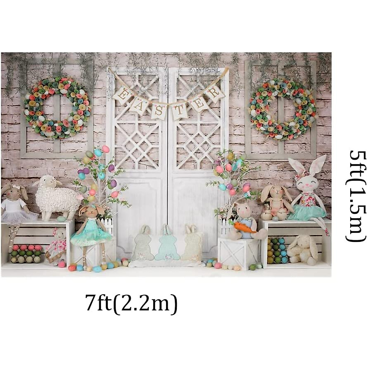 Kate 7x5ft Spring Happy Easter Day Photography Backdrops Colorful Eggs Cute Rabbit Toy Photographic Background Retro Gray Wall White Door Baby Shower Newborn Shooting Backdrop